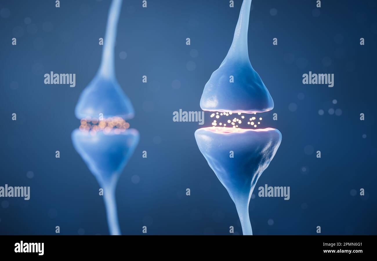 Synapse of neuron cell, biology concept, 3d rendering. Digital drawing ...