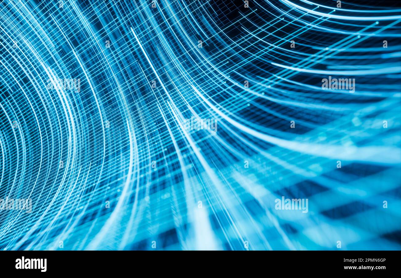 Flowing lines with digital cyberspace, 3d rendering. Digital drawing ...