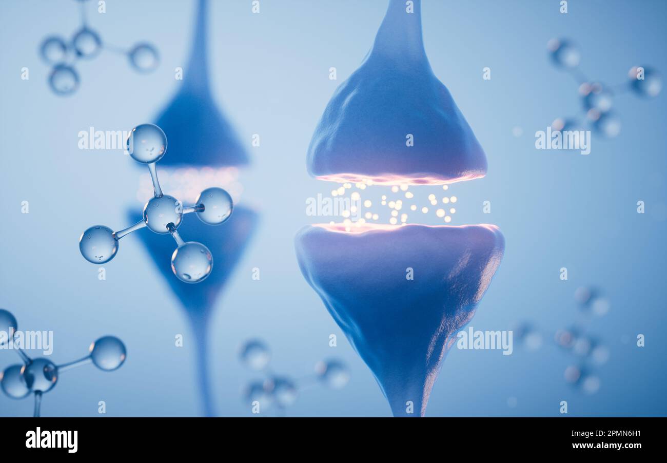 Synapse of neuron cell, biology concept, 3d rendering. Digital drawing ...