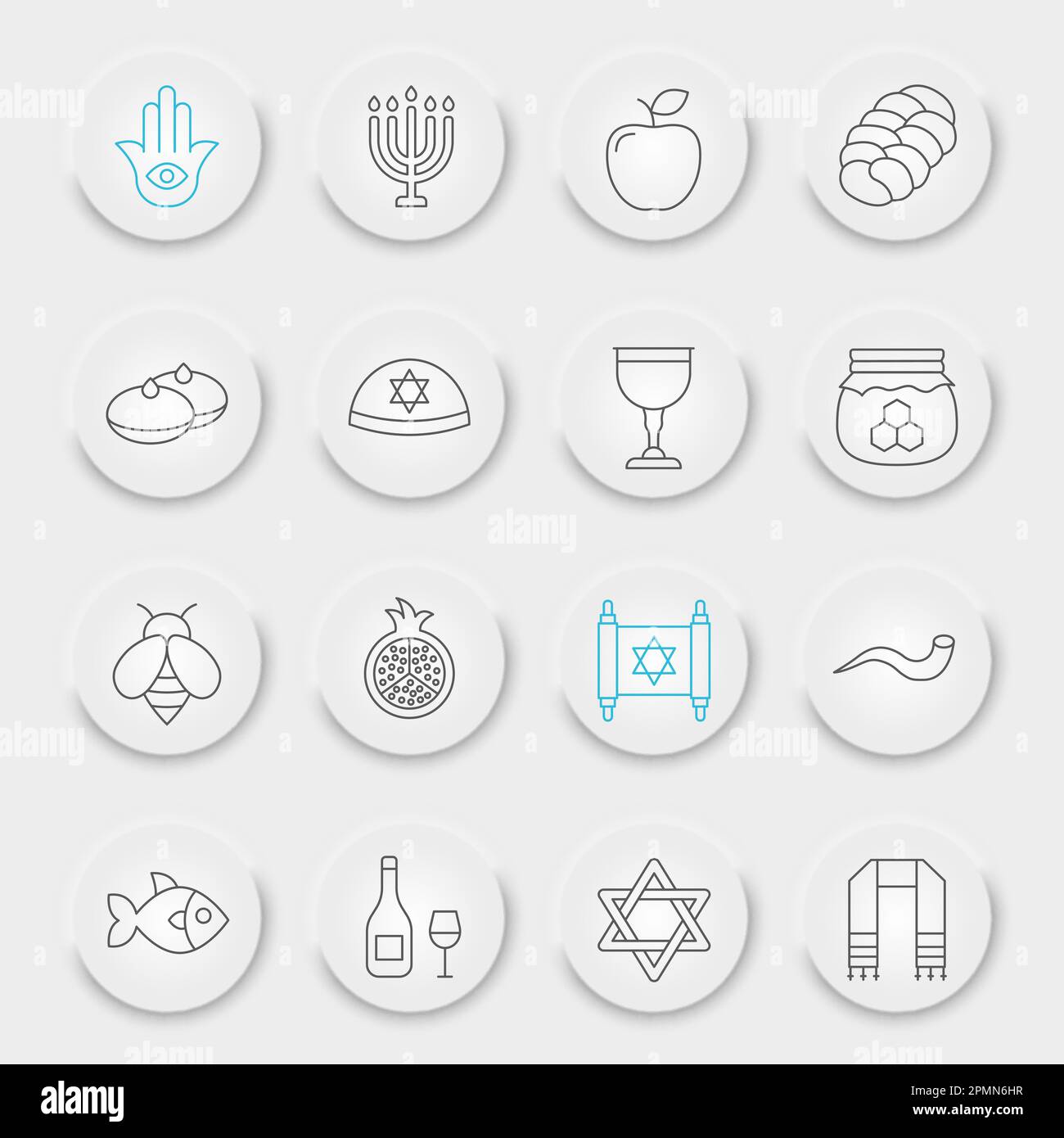 Rosh Hashanah Line Icon Set Hanukkah Collection Vector Sketches Neumorphic Ui Ux Buttons