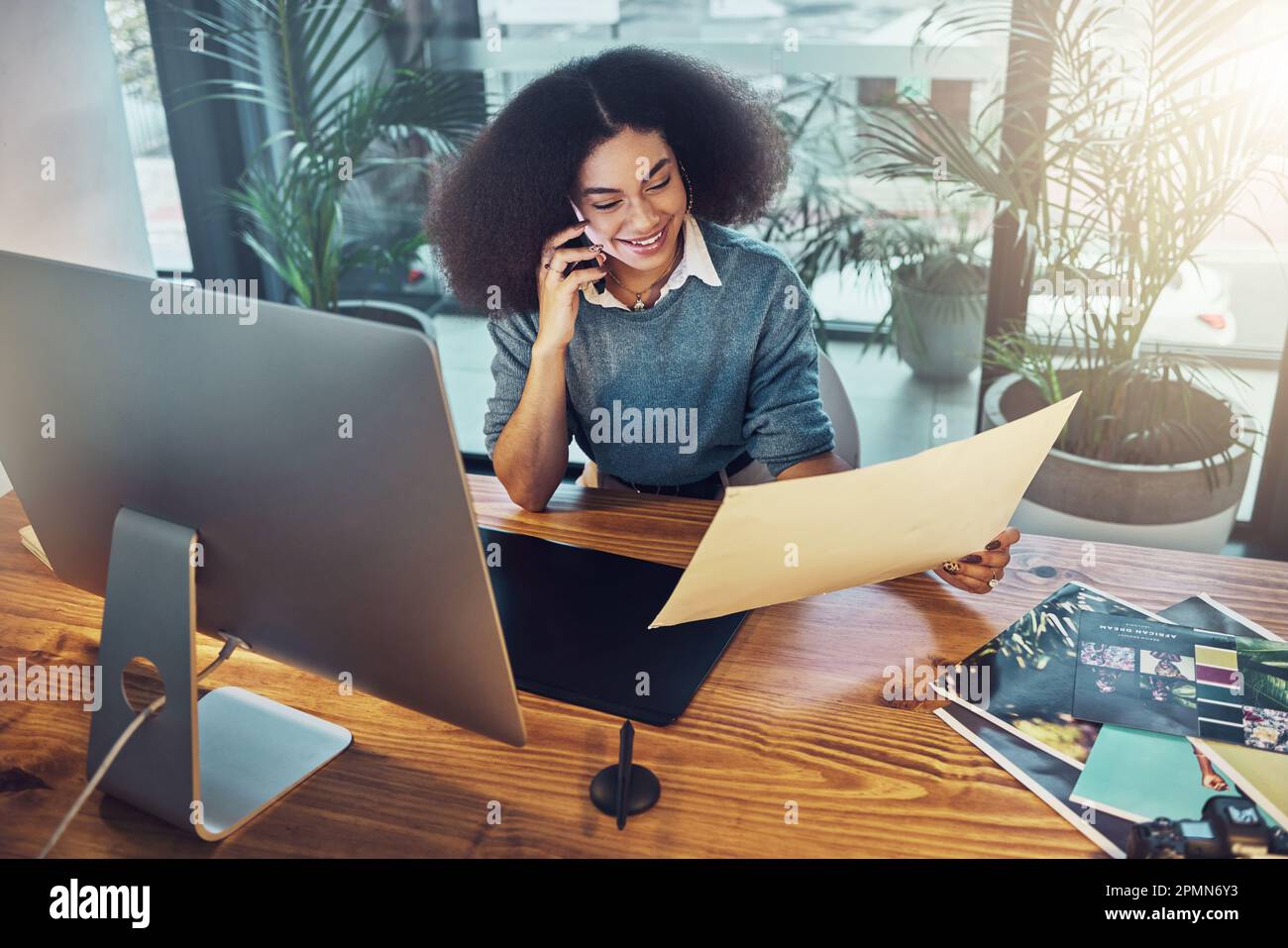 Business woman, phone call and document in design, conversation or ...