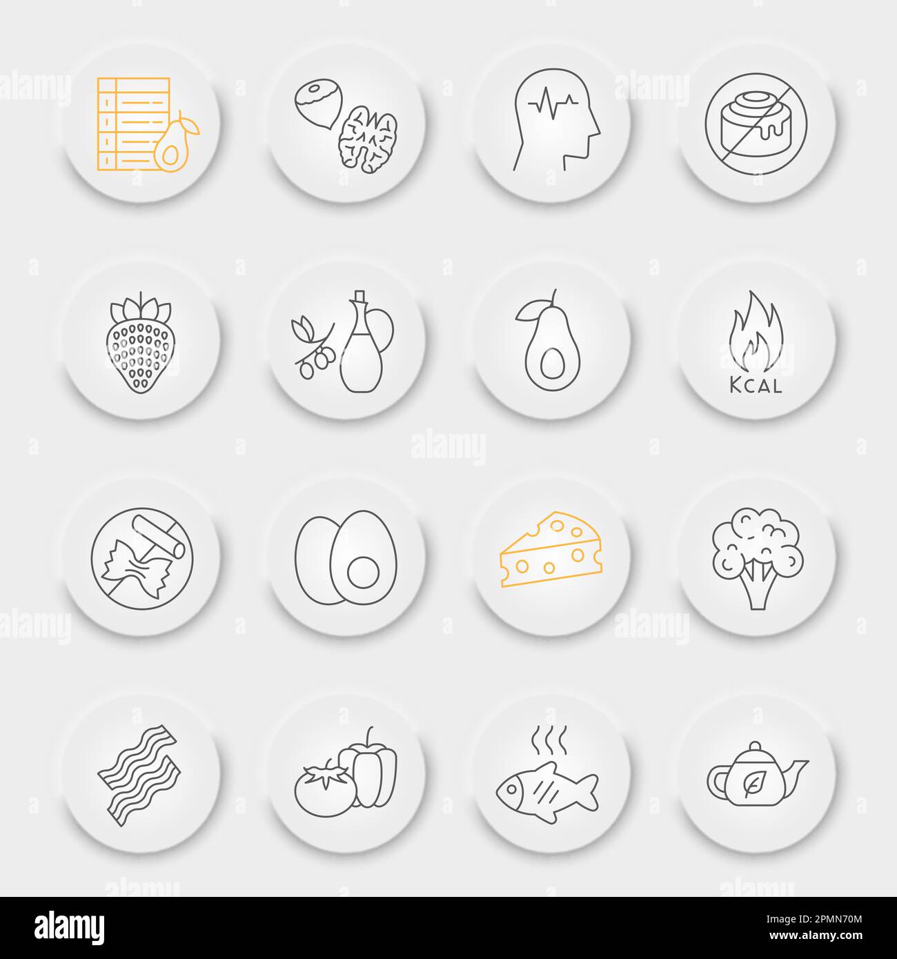 Keto diet line icon set, ketogenic symbols collection, vector sketches, neumorphic UI UX buttons ...