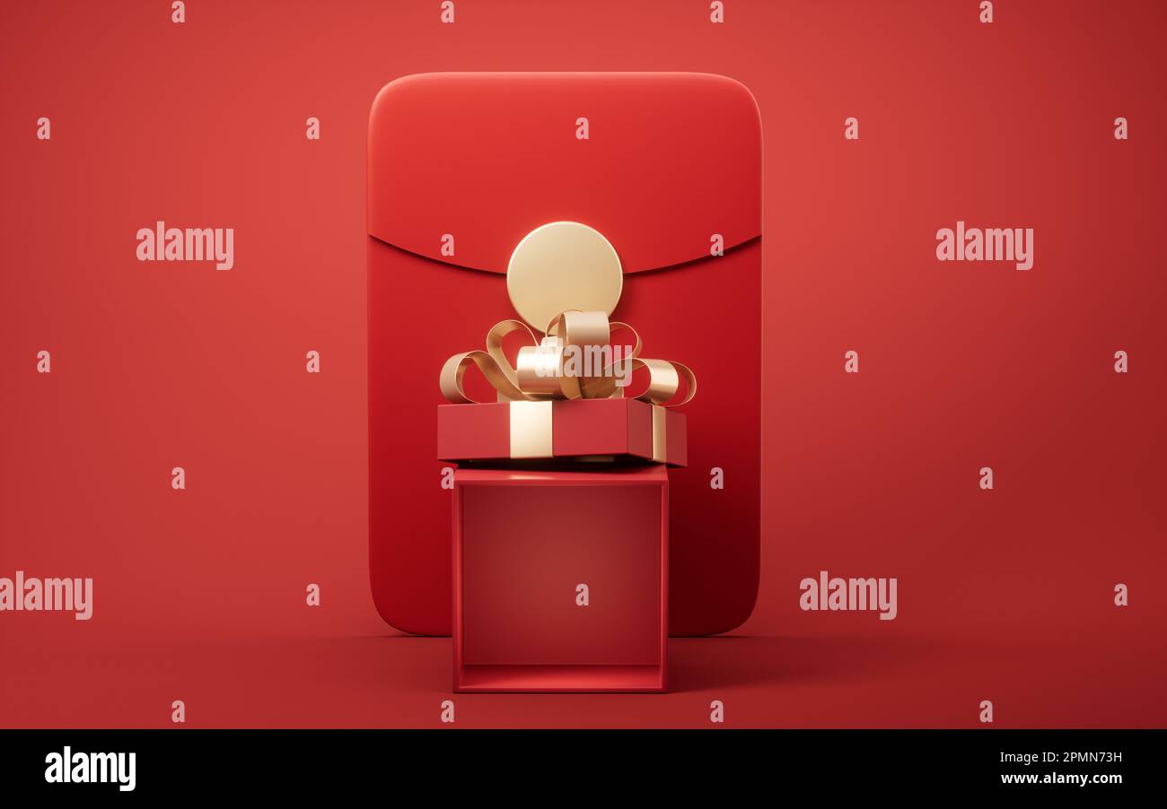 Opening gift box with Chinese lucky packet, 3d rendering. Digital ...