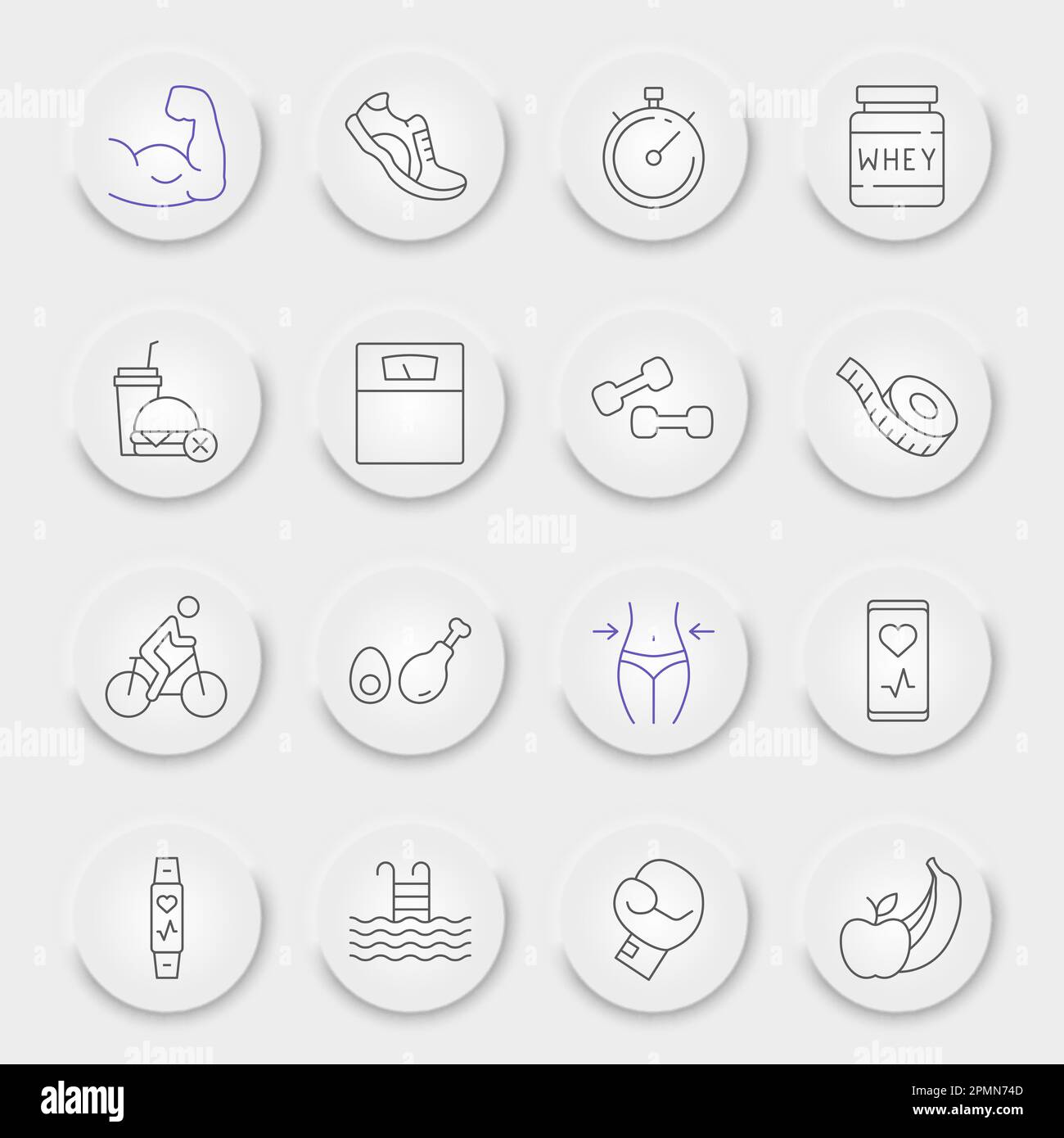 Fitness line icon set, sport symbols collection, vector sketches, neumorphic UI UX buttons, gym ...