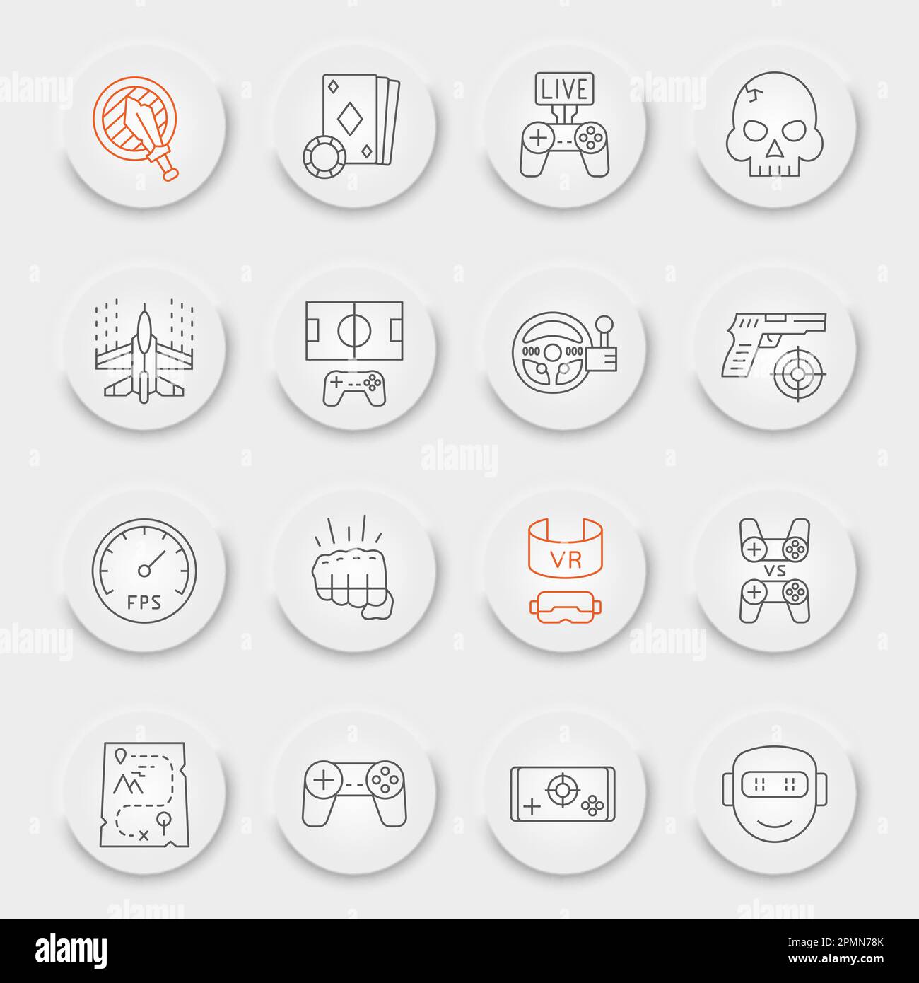 Video games line icon set, gaming symbols collection, vector sketches, neumorphic UI UX buttons ...