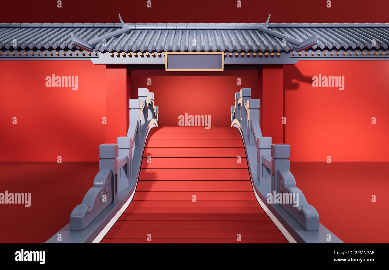 Chinese ancient bridge, traditional architecture, 3d rendering. Digital ...
