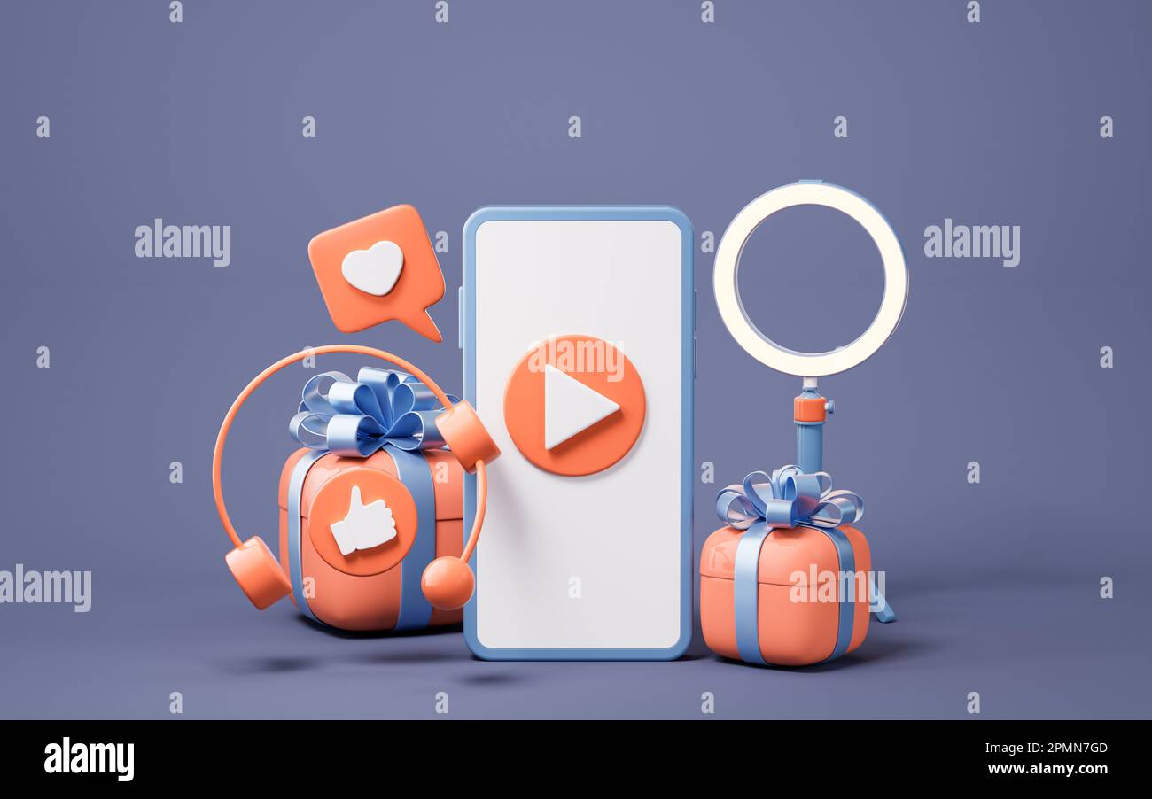 Microphone live streaming and gift boxes, 3d rendering. Digital drawing ...