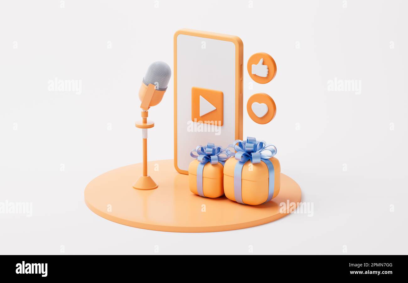 Microphone live streaming and gift boxes, 3d rendering. Digital drawing ...