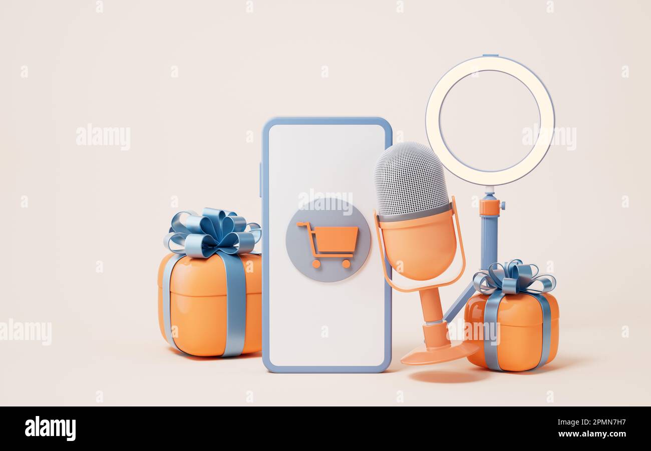 Microphone live streaming and gift boxes, 3d rendering. Digital drawing ...