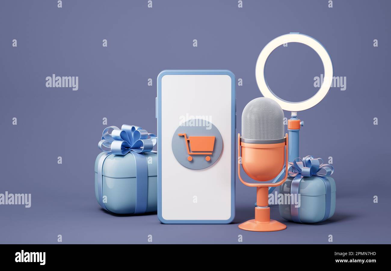 Microphone live streaming and gift boxes, 3d rendering. Digital drawing ...