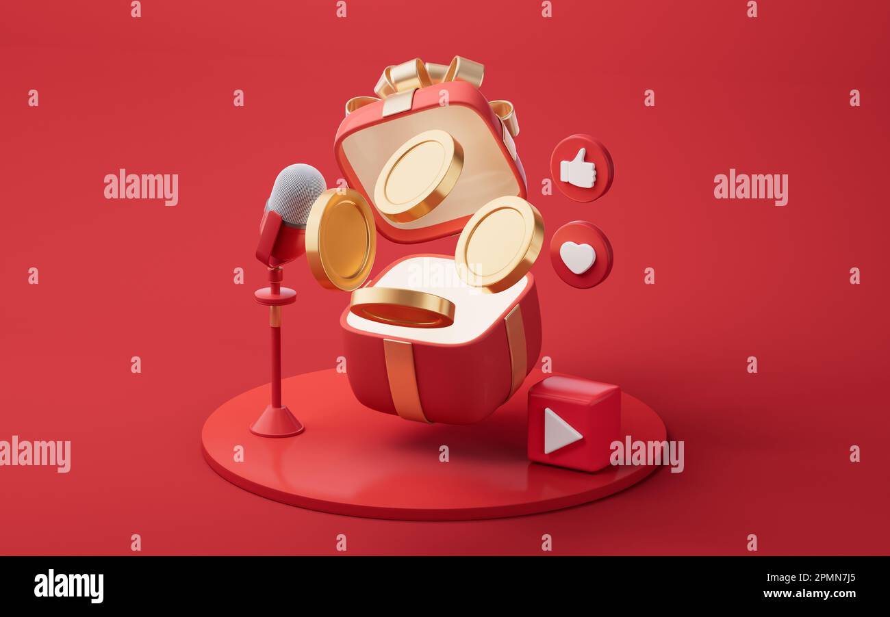 Microphone live streaming and gift boxes, 3d rendering. Digital drawing ...