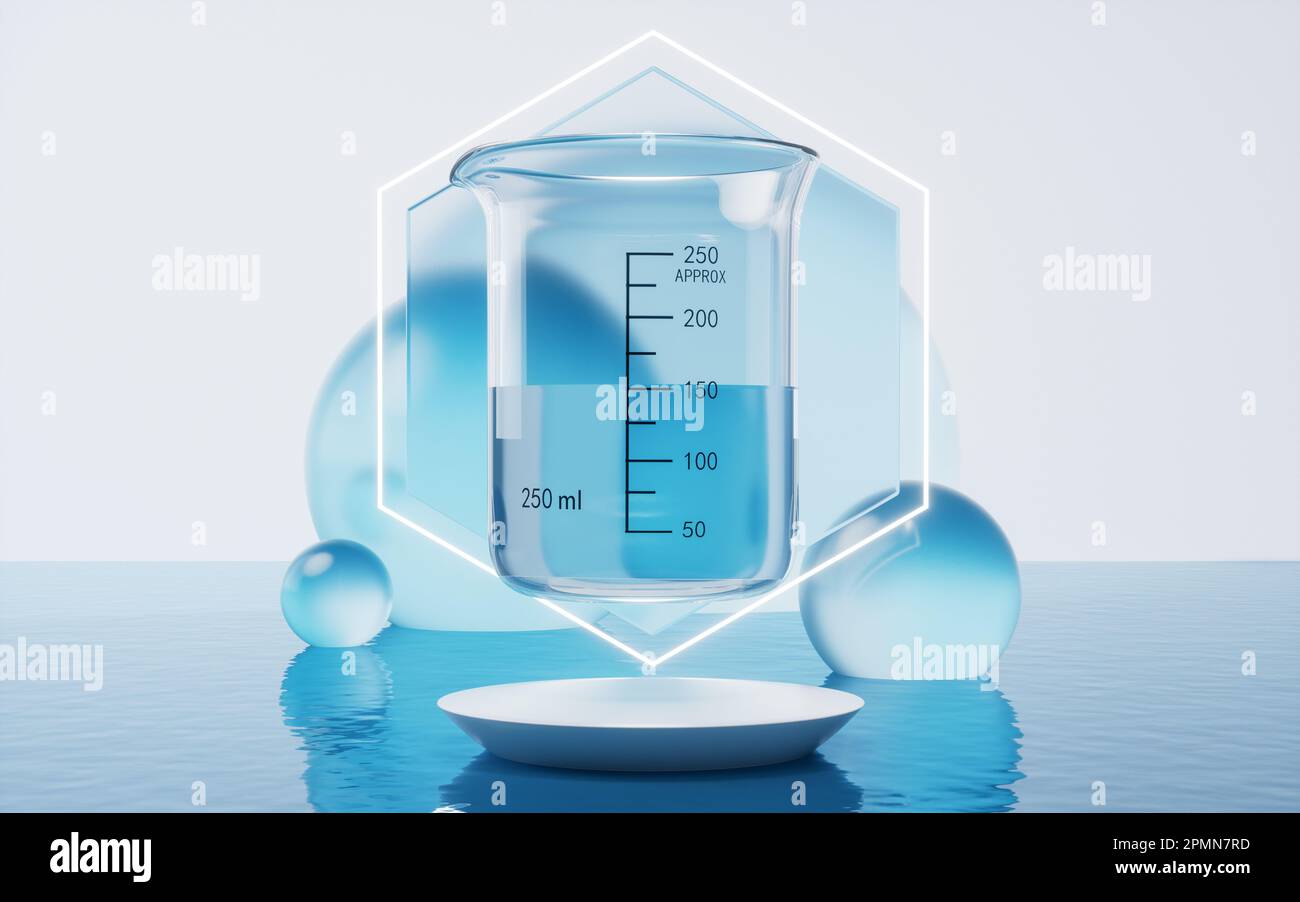 Beaker and water surface, 3d rendering. Digital drawing Stock Photo - Alamy