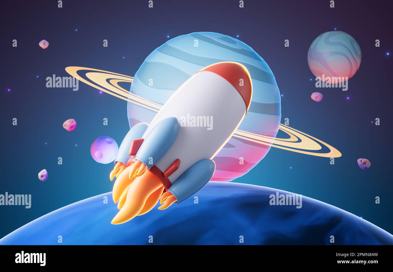 Rocket and outer space, 3d rendering. Digital drawing Stock Photo - Alamy