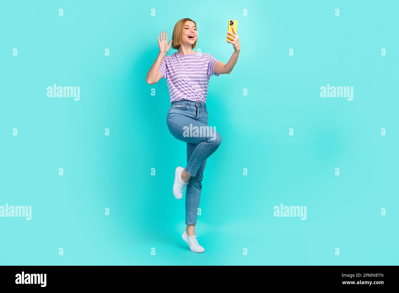 Full body length size photo of youngster blogging girl waves palm hello ...