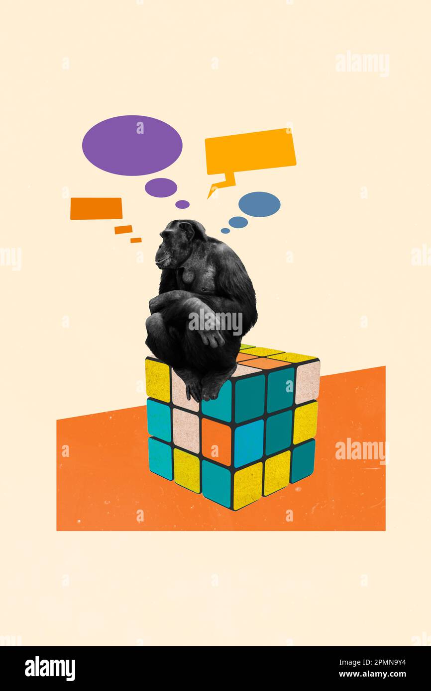 Vertical collage image of black white gamma monkey sit big rubik cube contemplate ponder mind ...