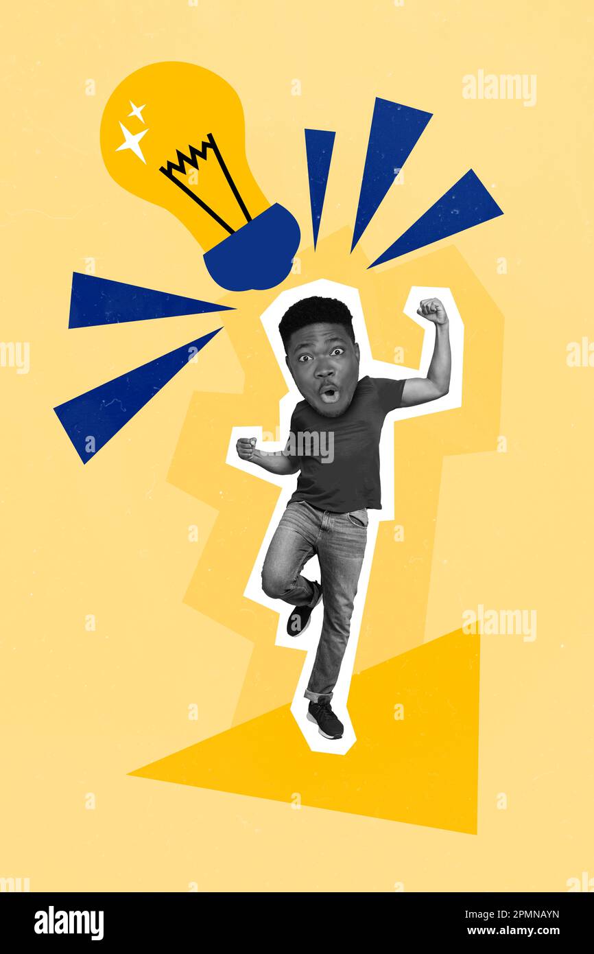 Vertical collage image of mini black white gamma guy big head raise ...