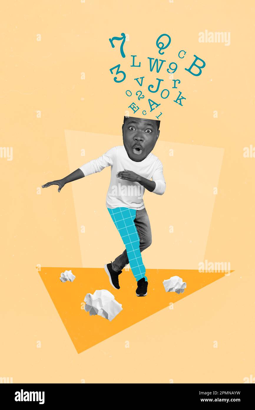 Vertical collage picture of impressed black white colors guy big head ...