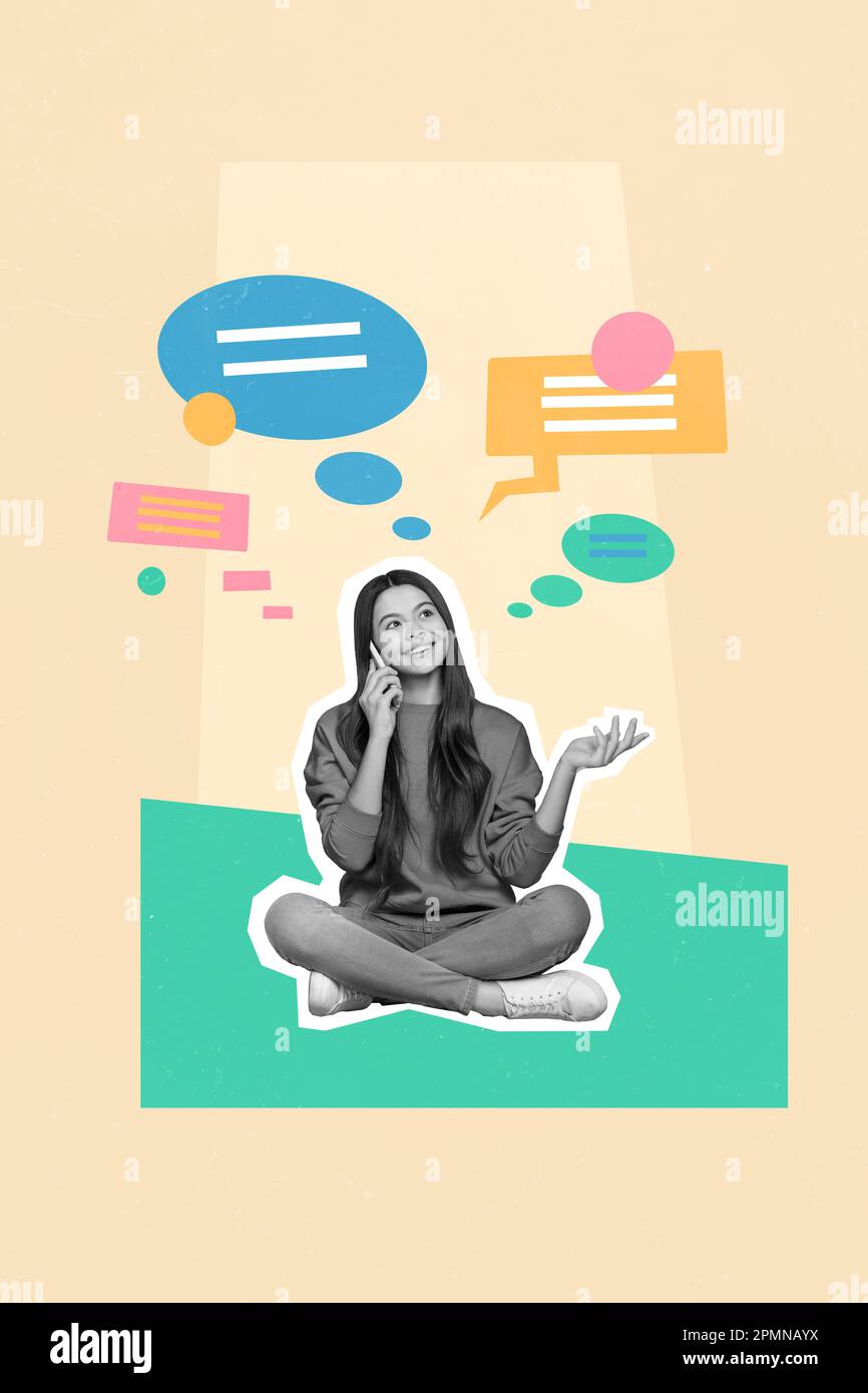 Vertical collage image of black white colors positive girl talk ...