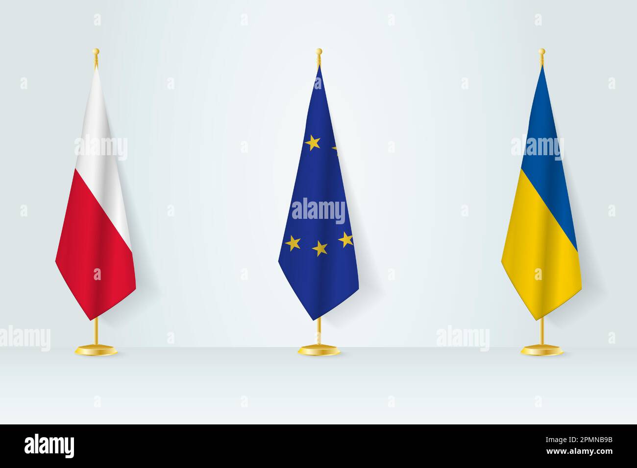 Political gathering of governments. Flags of Poland, European Union and ...