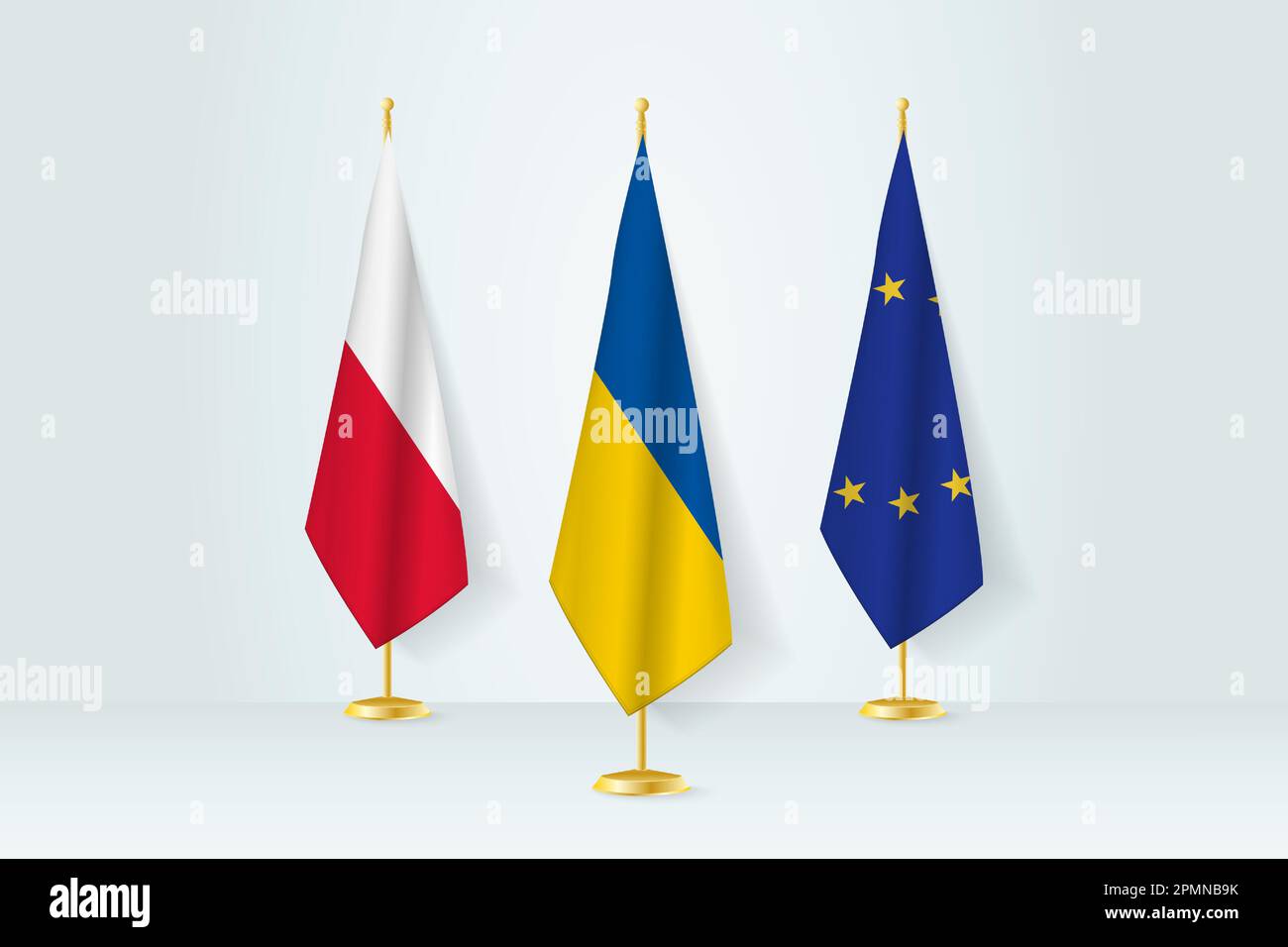 Meeting concept between Ukraine, Poland, and European Union. Flags on a ...