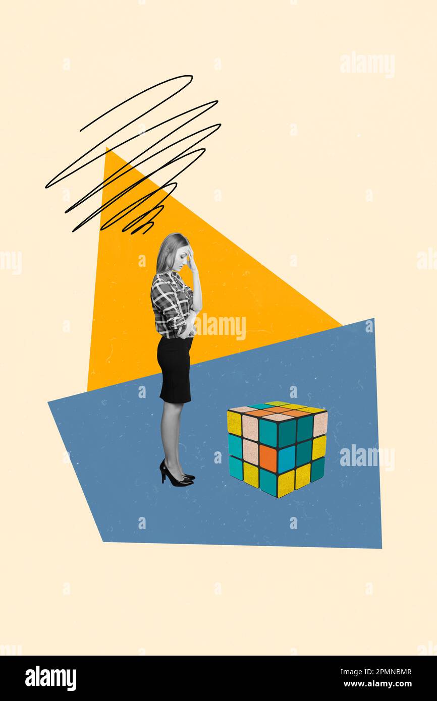 Vertical collage image of black white effect mini minded girl difficult solve rubik cube puzzle ...