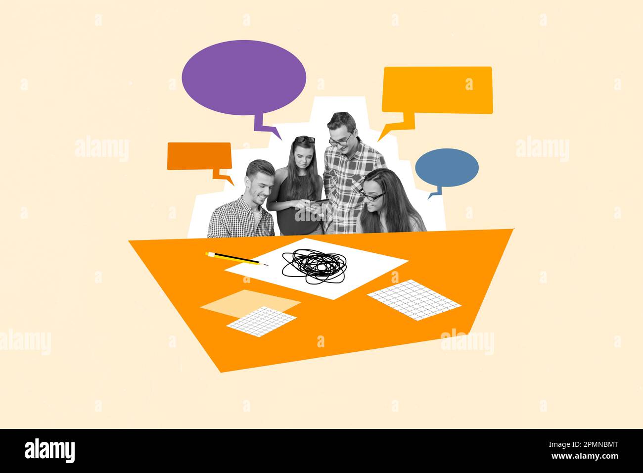 Abstract collage picture of group black white colors people coworking ...