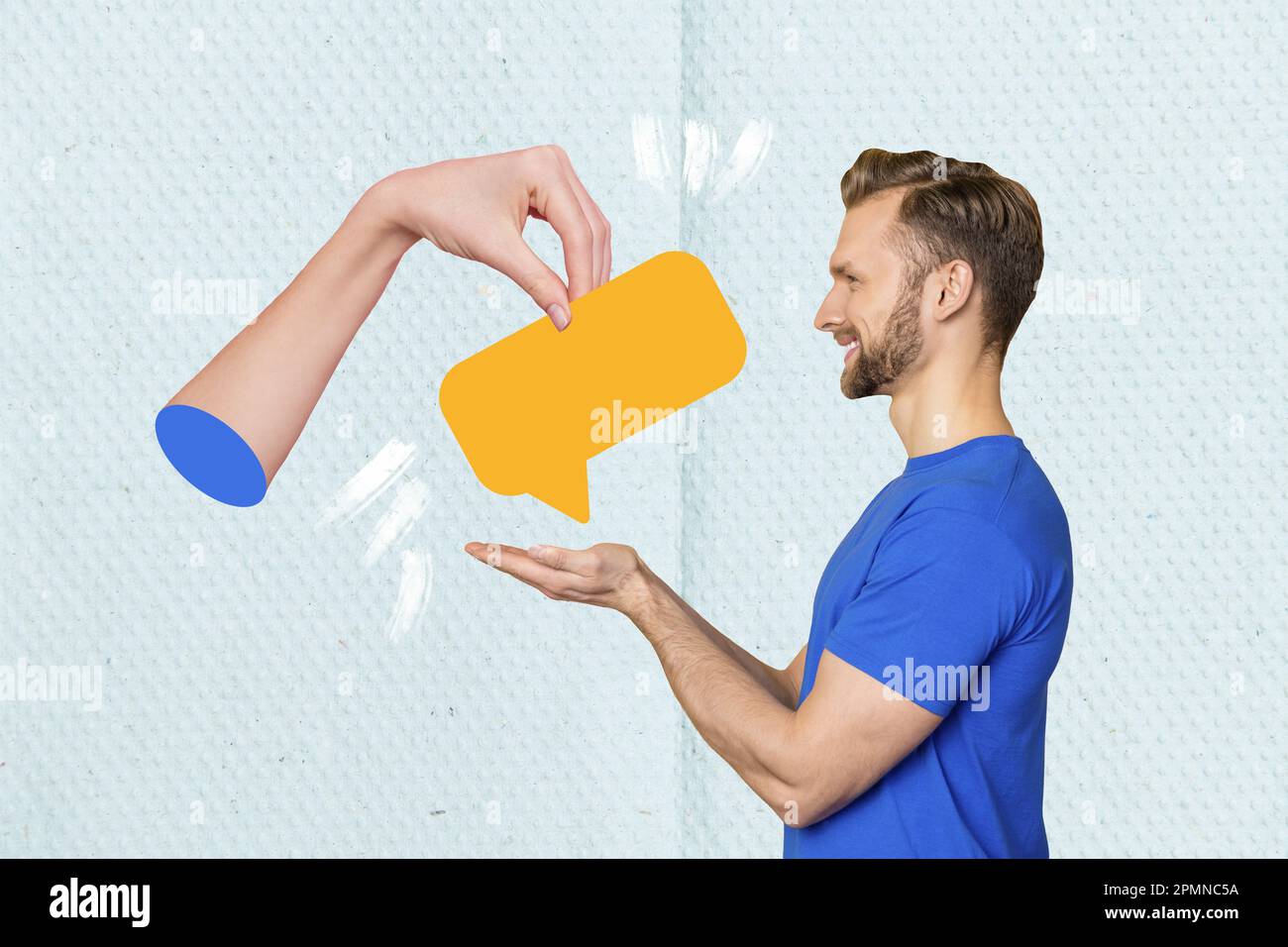 Magazine collage of young guy stand profile side view receive speech ...