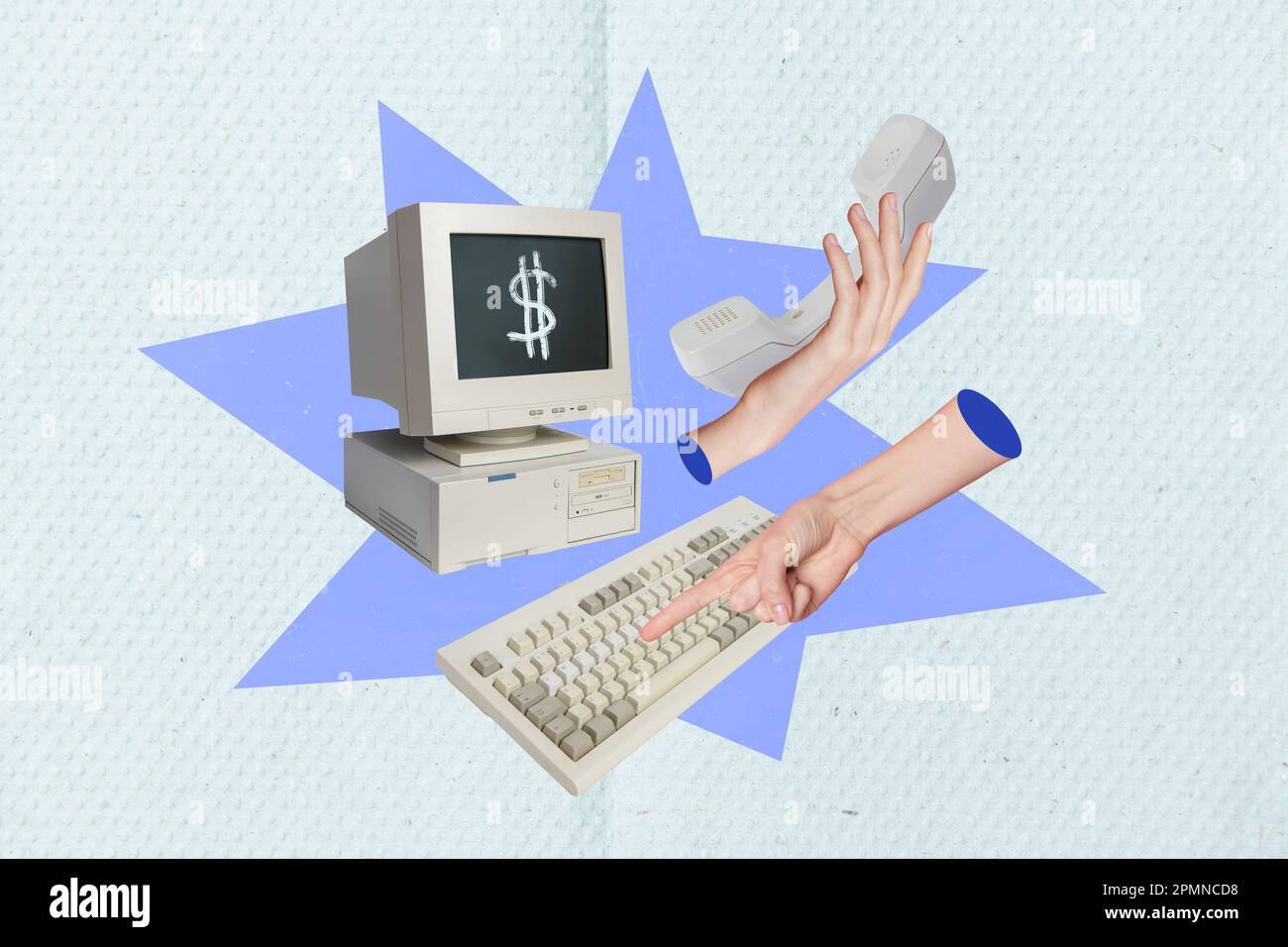 Poster magazine collage of person using retro computer call telephone ...