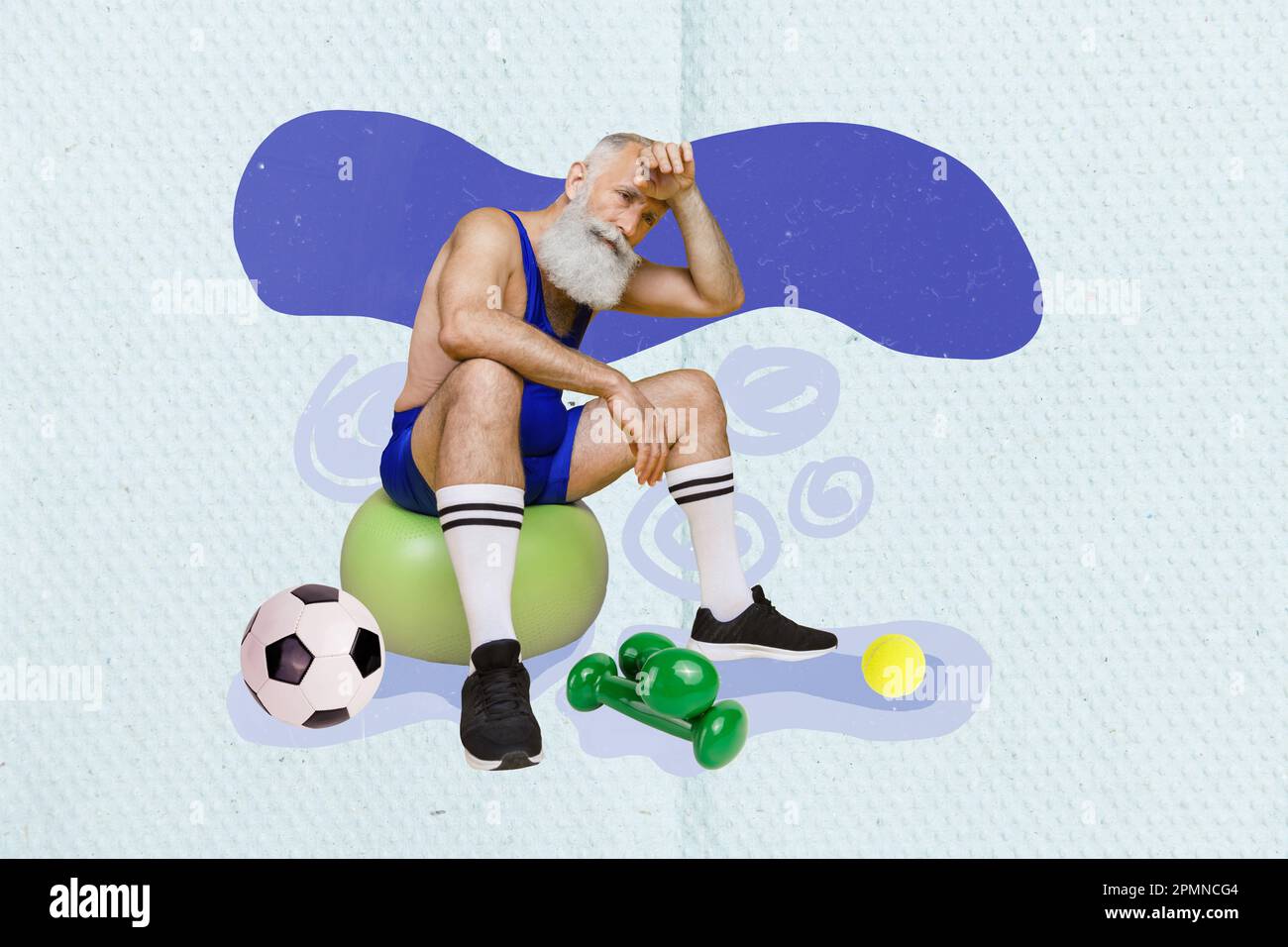 Poster magazine collage of elderly man feel fatigue stop doing sportive ...