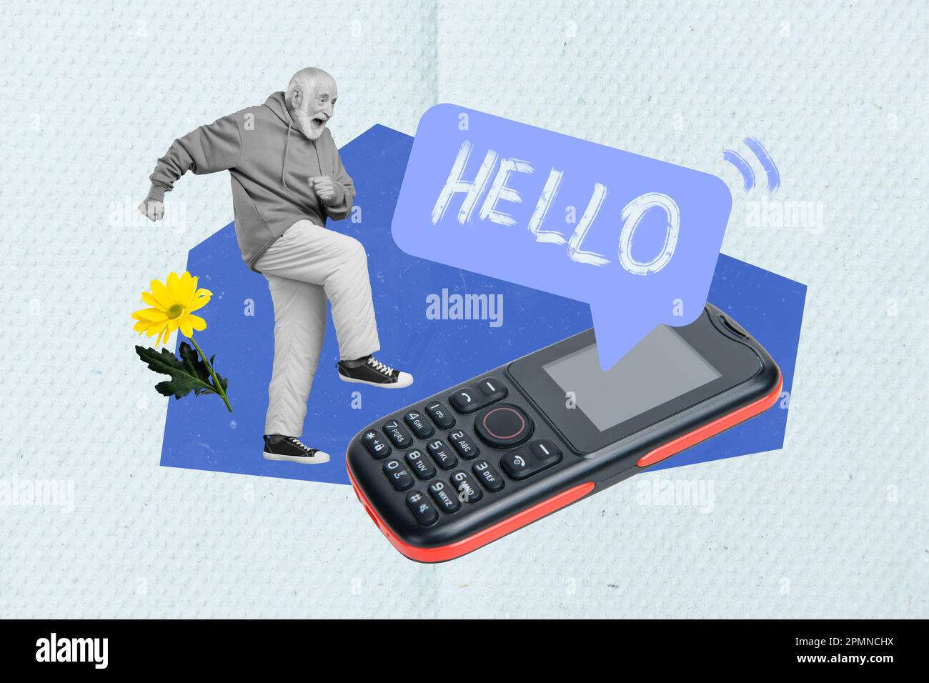 Banner template collage of senior person press button on vintage mobile ...