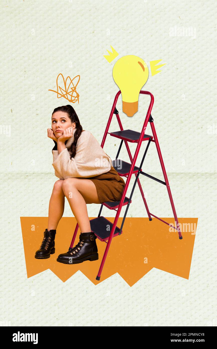 Magazine poster banner collage of sad unhappy lady sit step ladder give ...