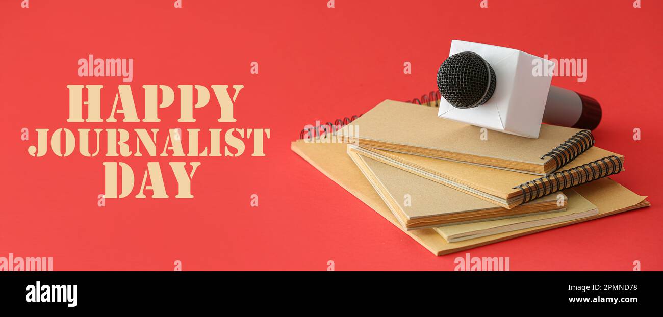 Microphone and notebooks on red background. Happy Journalist Day Stock ...