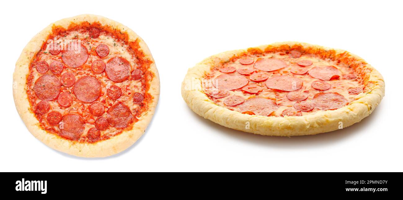 Yummy pizza with pepperoni on white background Stock Photo - Alamy