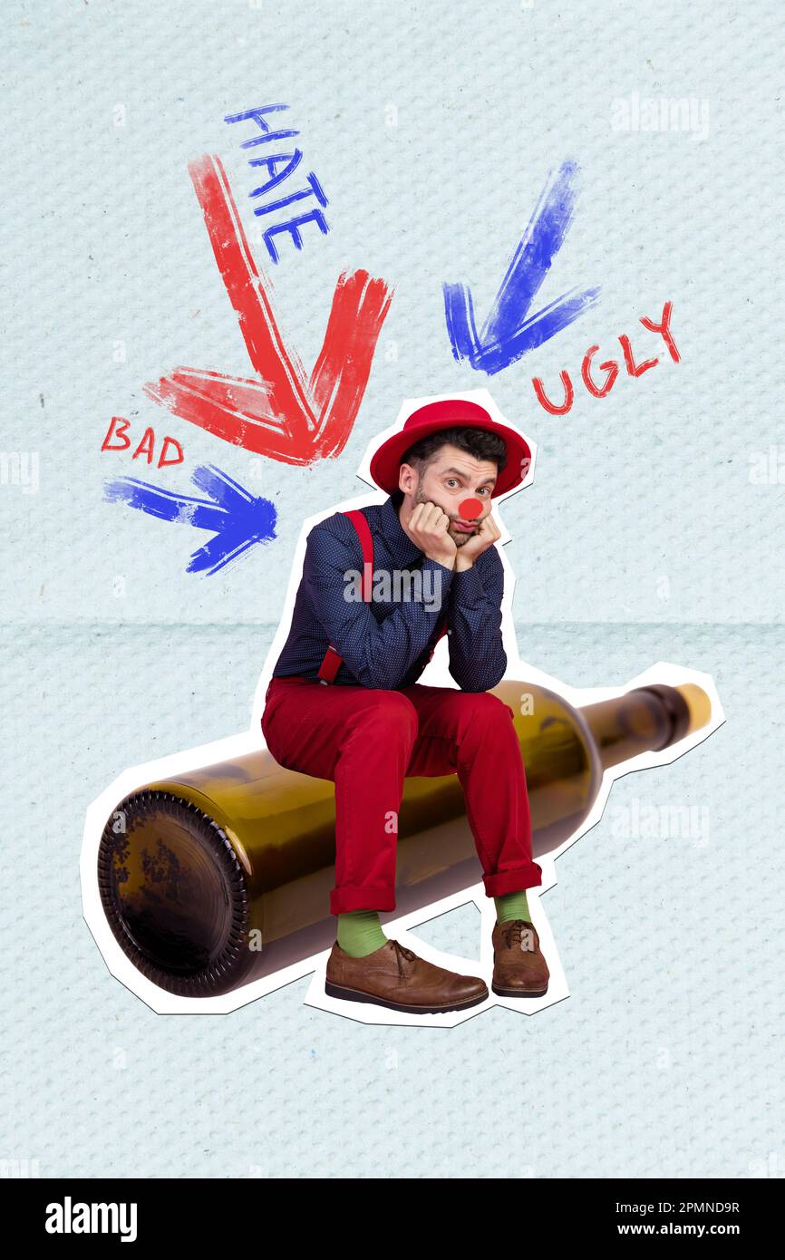 Vertical creative collage young man suffer alcohol addiction sit big ...