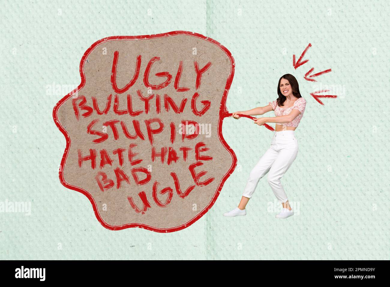 Photo collage young lady suffer hate pull big mind cloud humiliation opinion ugly stupid bad ...