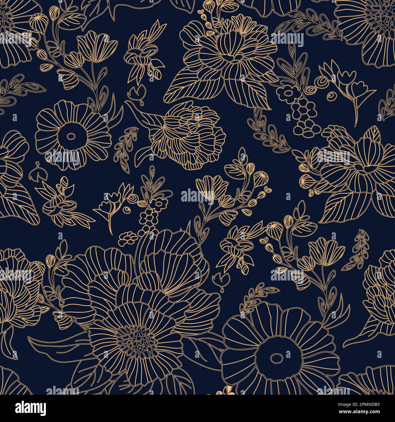 Outlined gold floral repeat pattern blue background Stock Vector Image ...
