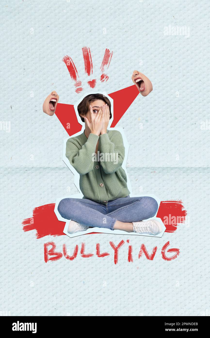 Vertical photo collage young abused girl close eyes suffer social bad ...