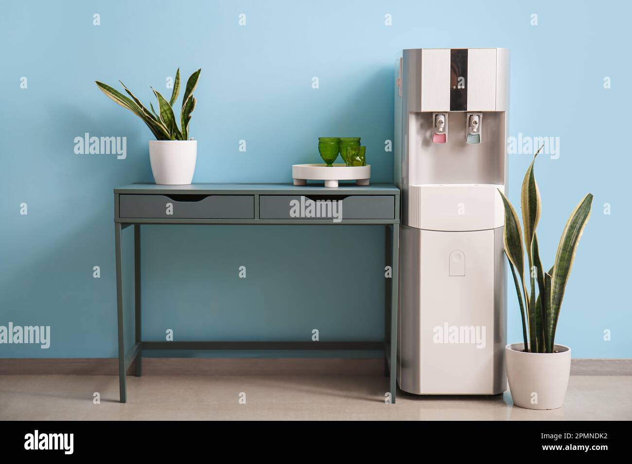 Modern water cooler, table, glasses and houseplants near blue wall ...