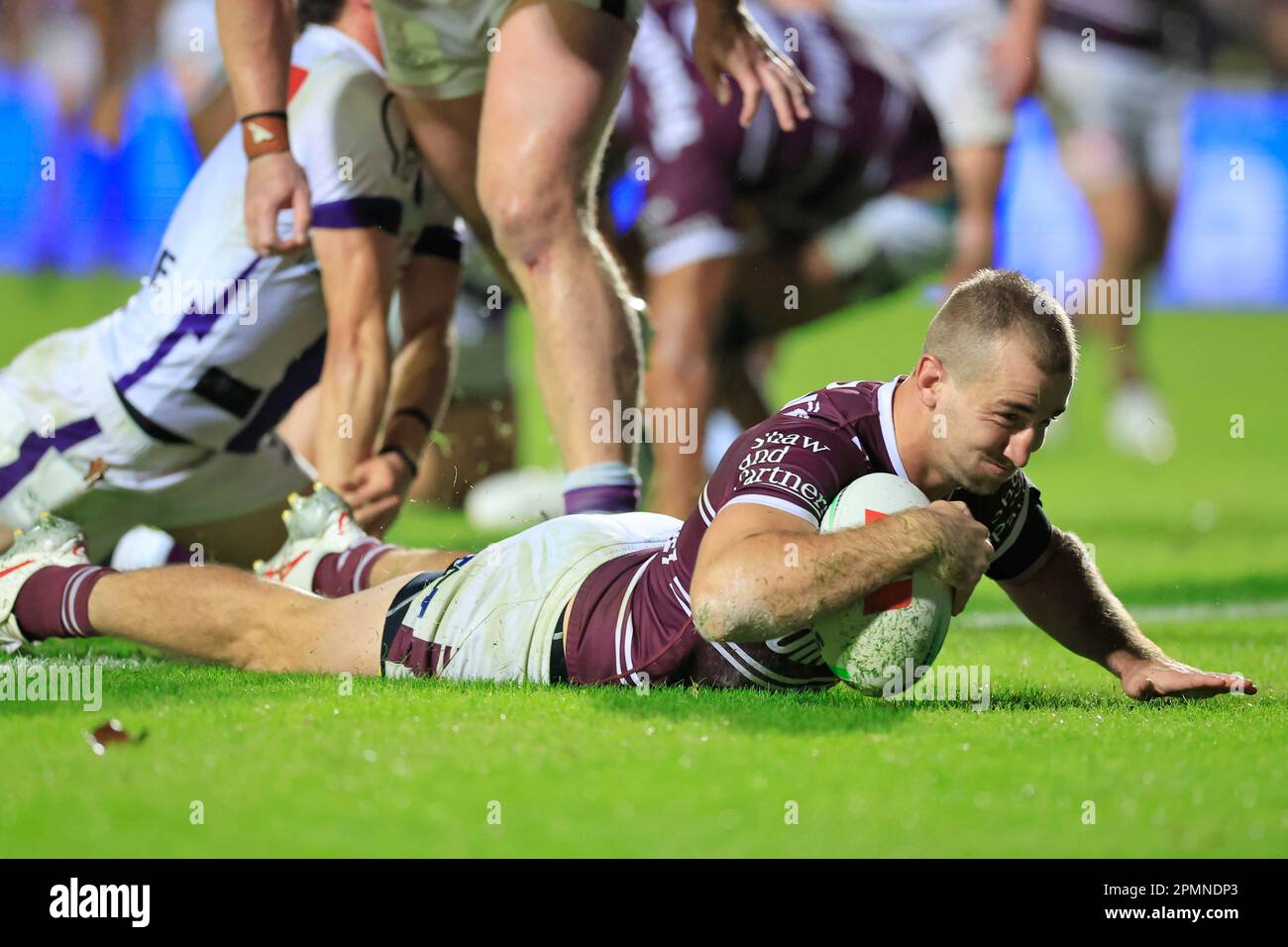 Lachlan Croker of the Sea Eagles scores a try during the NRL Round 7 ...