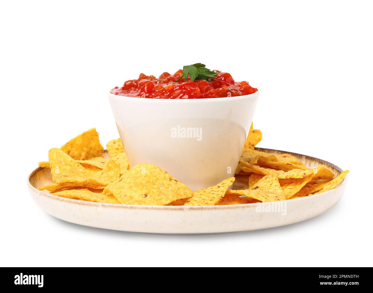 Plate with nachos and bowl of delicious salsa sauce isolated on white ...