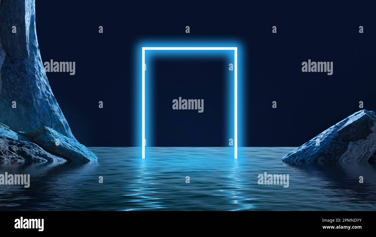 Geometric neon element appearing from water around rocks over dark ...