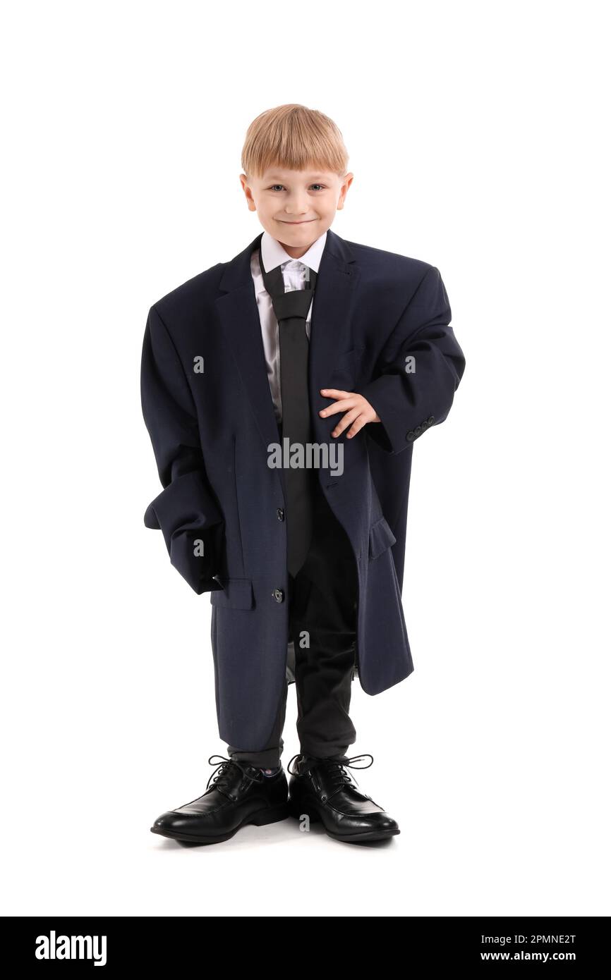Funny little businessman in big jacket on white background Stock Photo ...