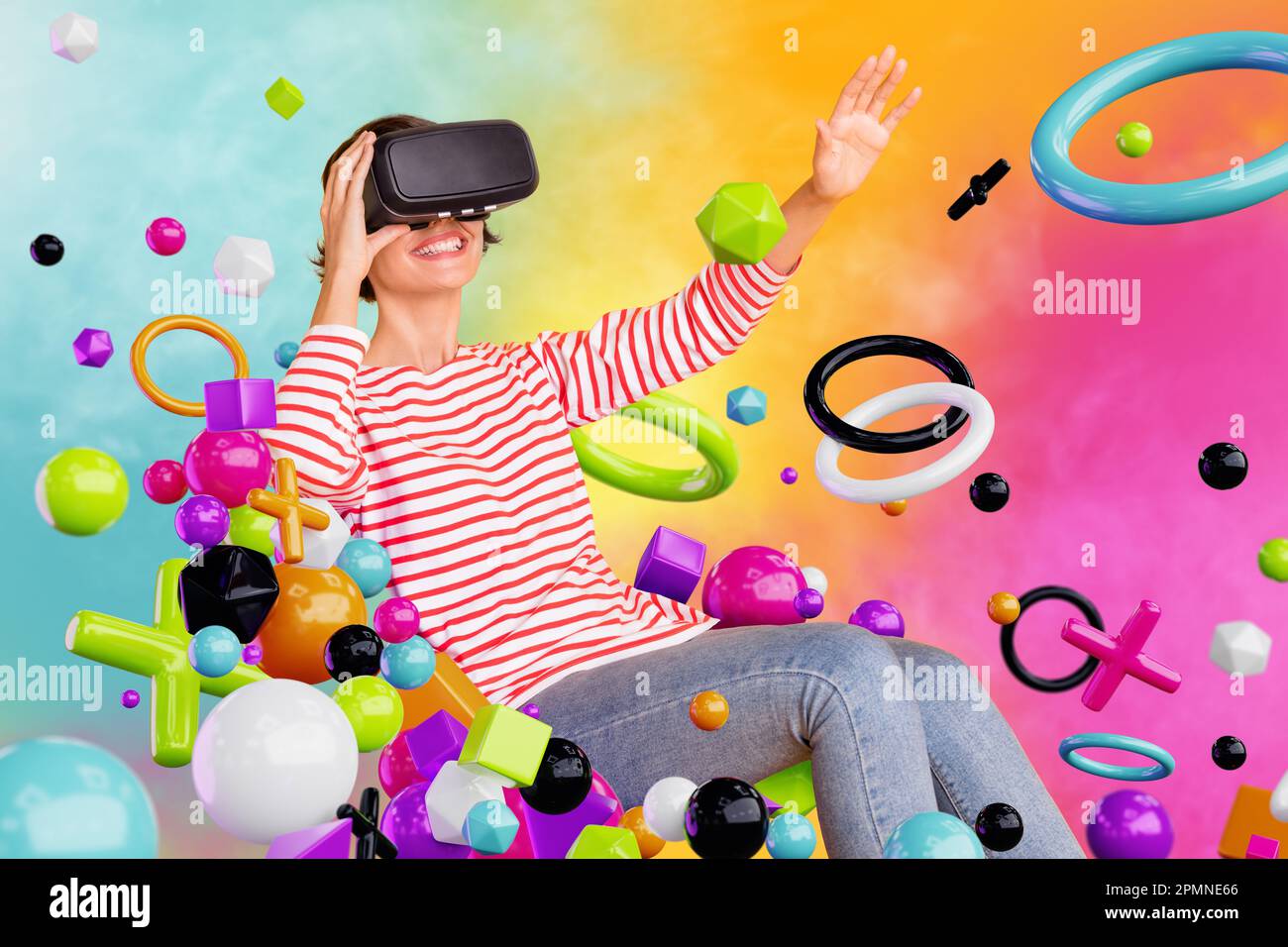 3d rendering realistic futurism collage of young girl use goggles in ...