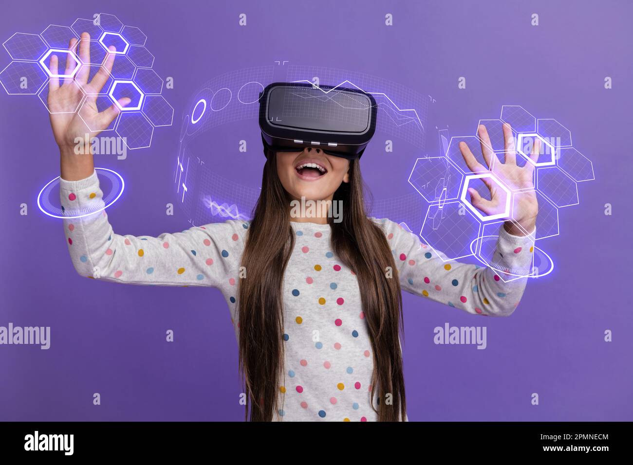Holographic poster banner collage of excited child girl use goggles ...