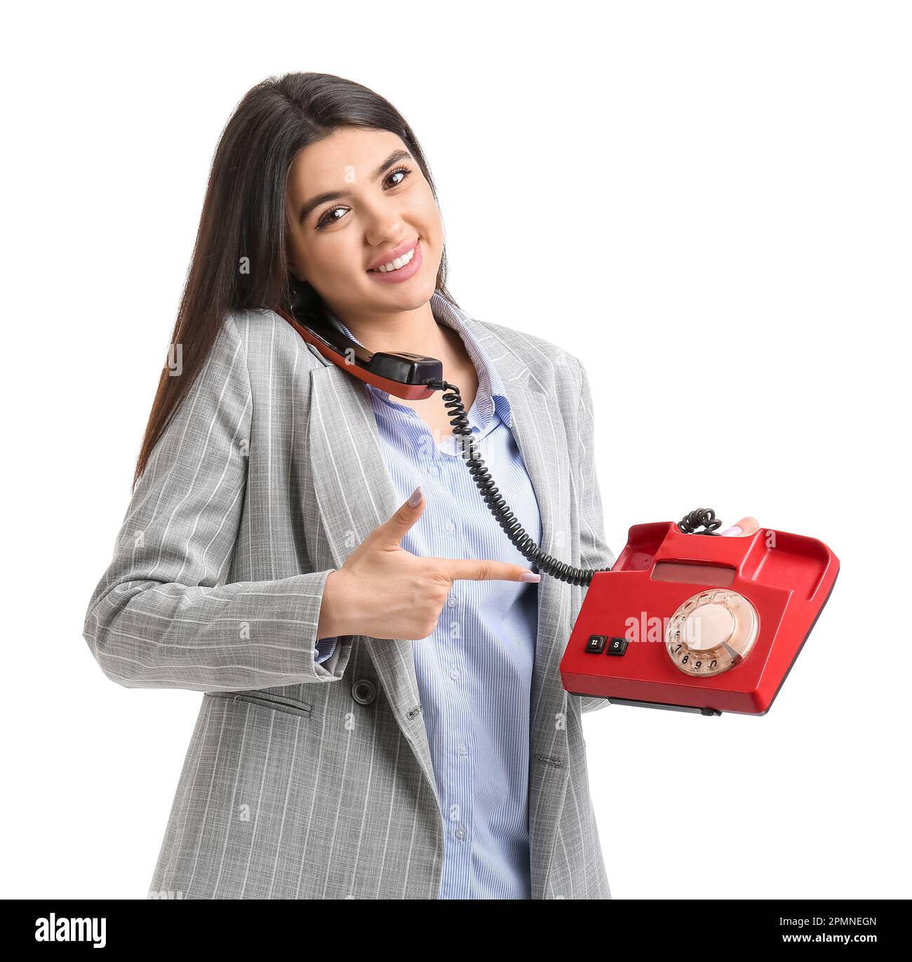 Pretty young woman talking by telephone on white background Stock Photo ...