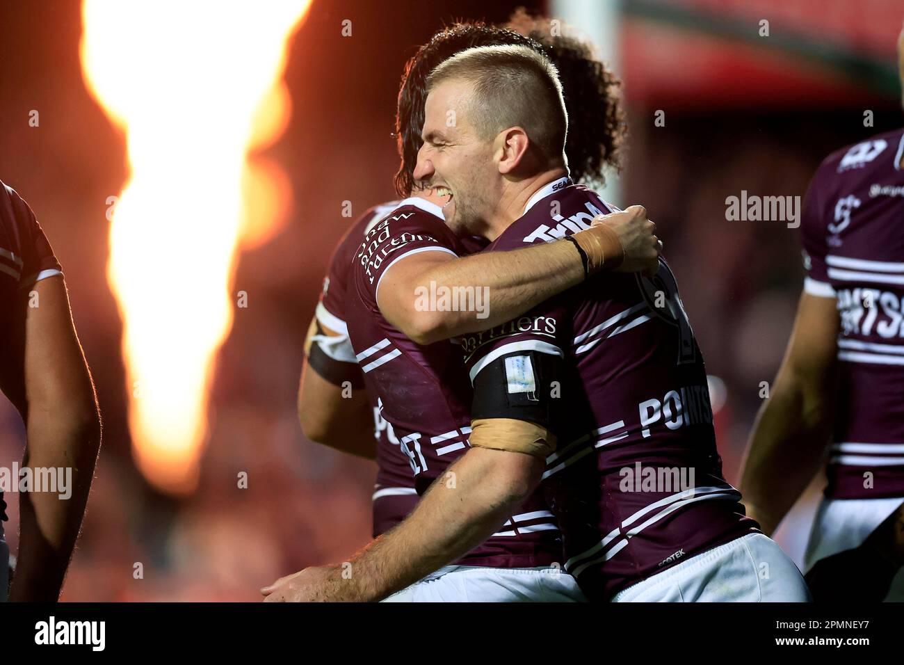 Lachlan Croker of the Sea Eagles celebrates a try during the NRL Round ...