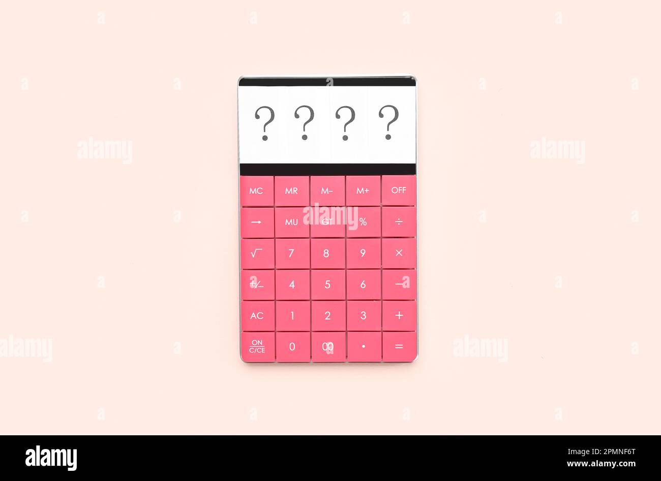 Calculator with question marks on beige background Stock Photo - Alamy