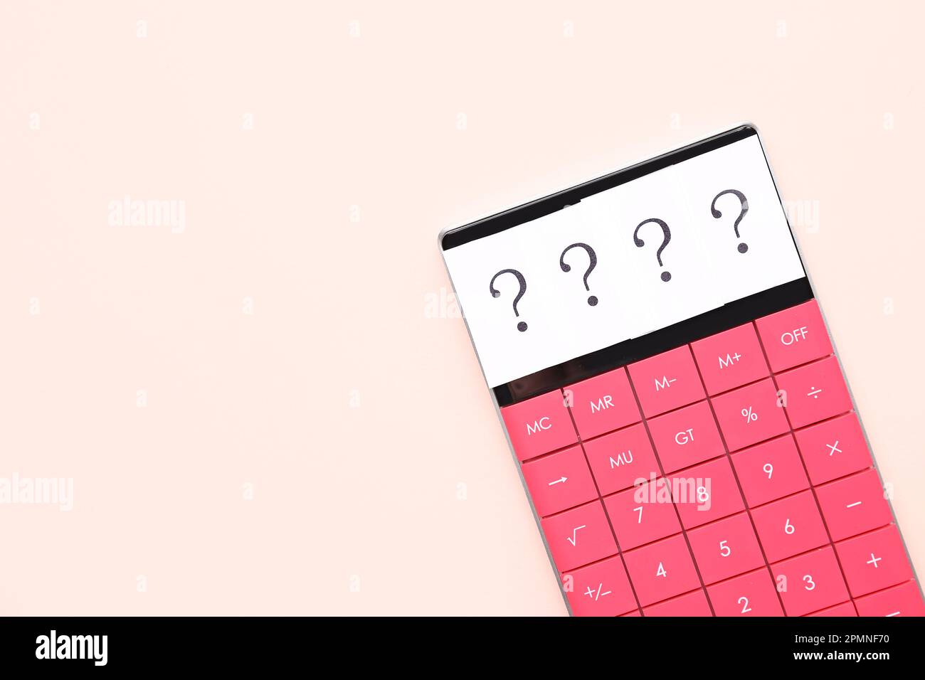 Calculator with question marks on beige background Stock Photo - Alamy