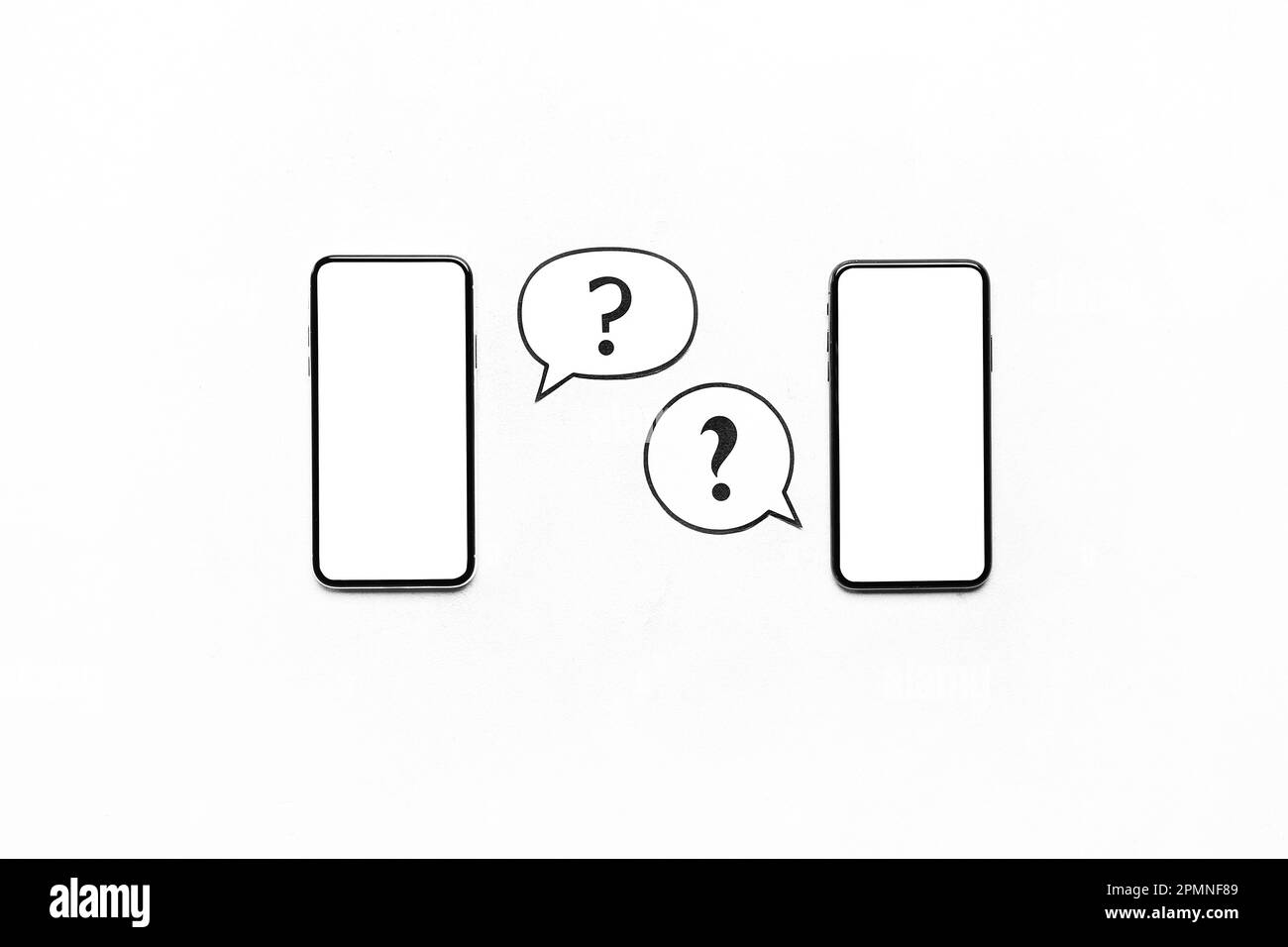 Speech bubbles with question marks and mobile phones on white ...