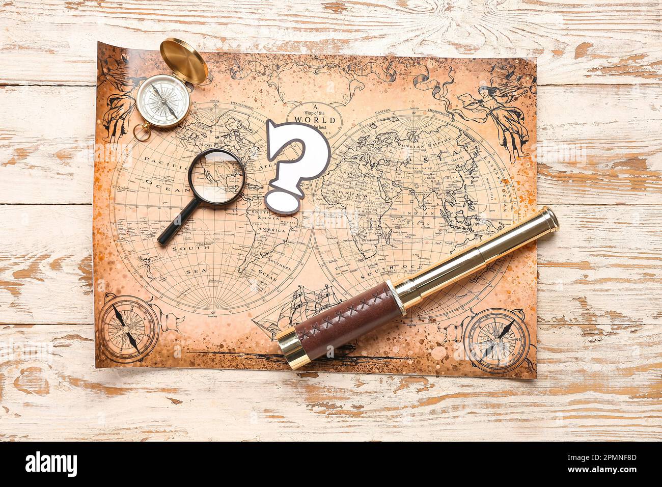 World map with question mark, spyglass, compass and magnifier on white ...